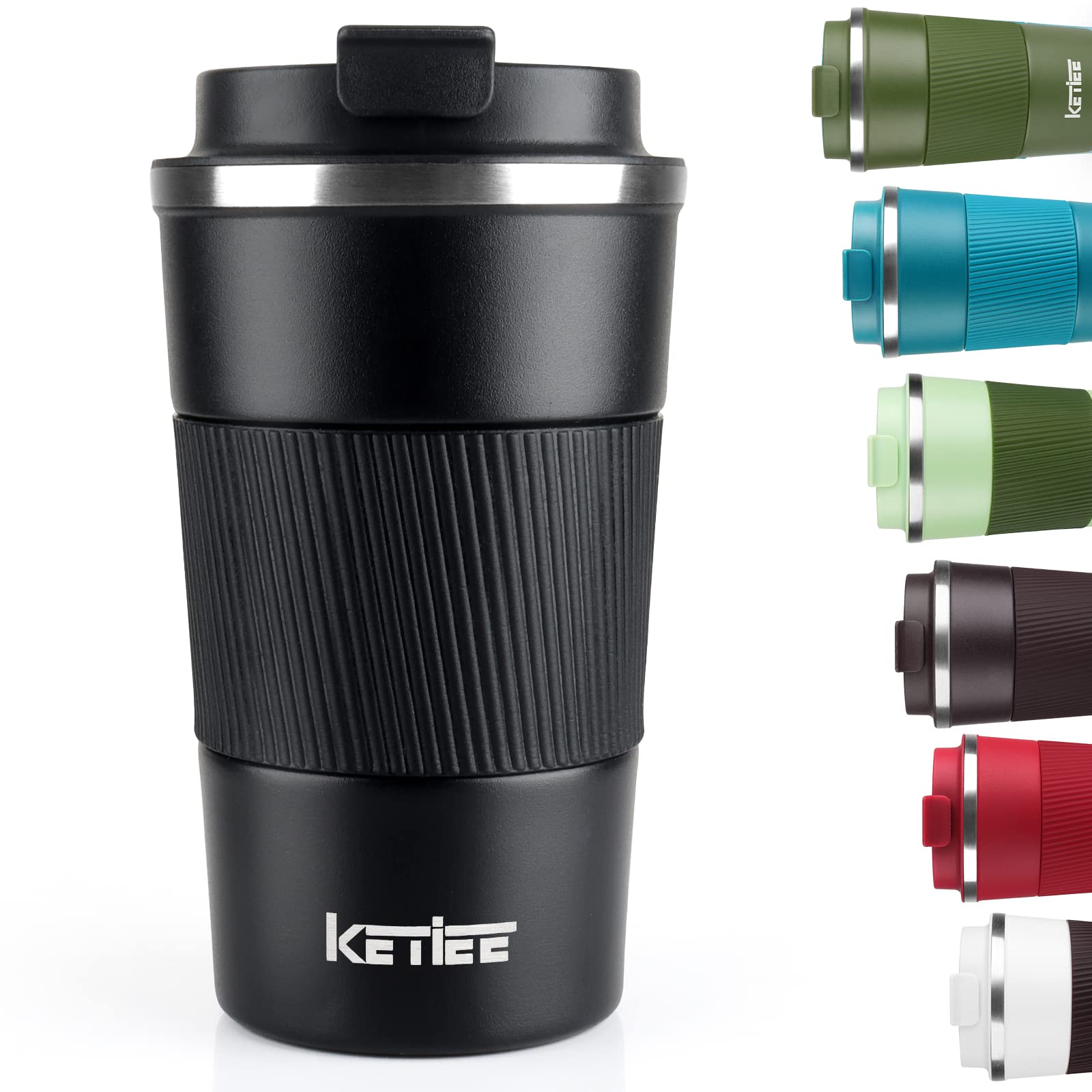 KETIEE Travel Mug 12oz, Vacuum Insulated Coffee Mug with Leakproof Lid, Travel Coffee Tumbler Stainless Steel Double Walled Reusable Coffee Cup for Hot and Iced Coffee Tea Water (Black)