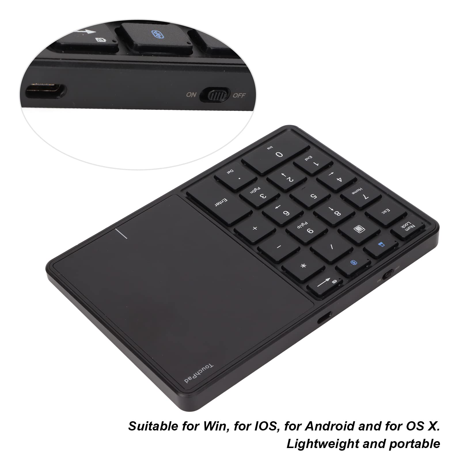 Sanpyl Numeric Keypad, 2 in 1 22 Keys 2.4G Touchpad Bluetooth 4.2 Number Pad, Type C Charging 500mAh Financial Accounting Keyboard, for Laptop, PC, Desktop(Black)