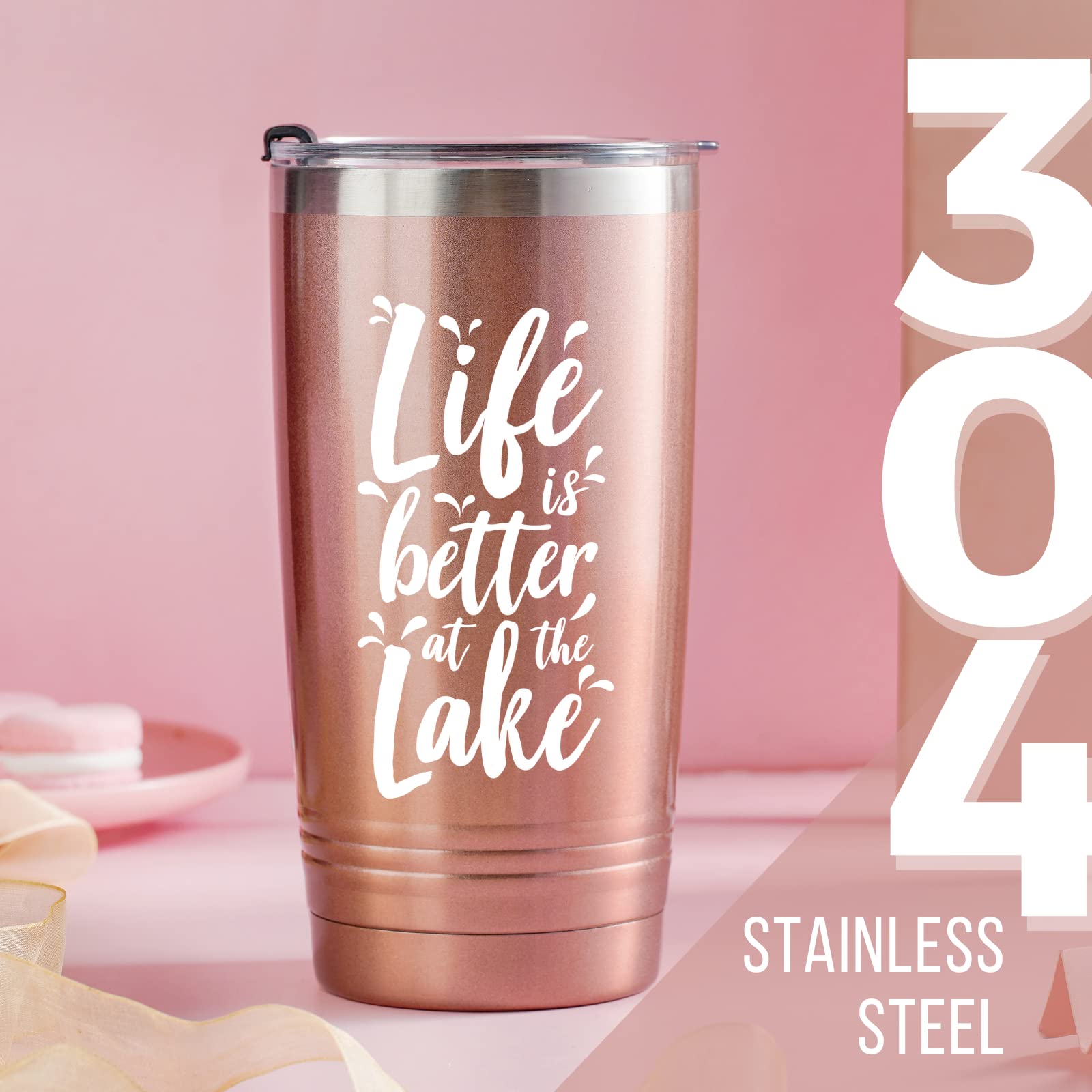 Onebttl Lake Themed Tumbler, 20oz Insulated, Rose Gold