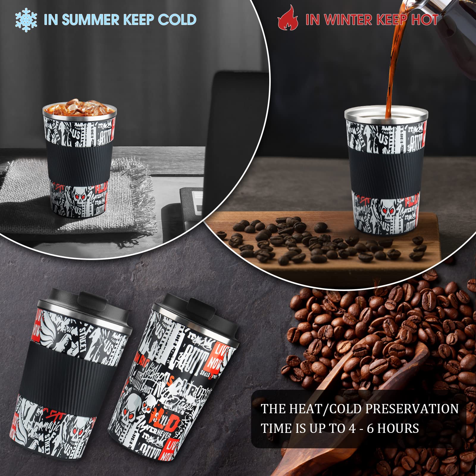 CS COSDDI 12 oz Stainless Steel Vacuum Insulated Tumbler - Coffee Travel Mug Spill Proof with Lid - Coffee Cups for Keep Hot/Ice Coffee,Tea and Beer (Black 3rd)