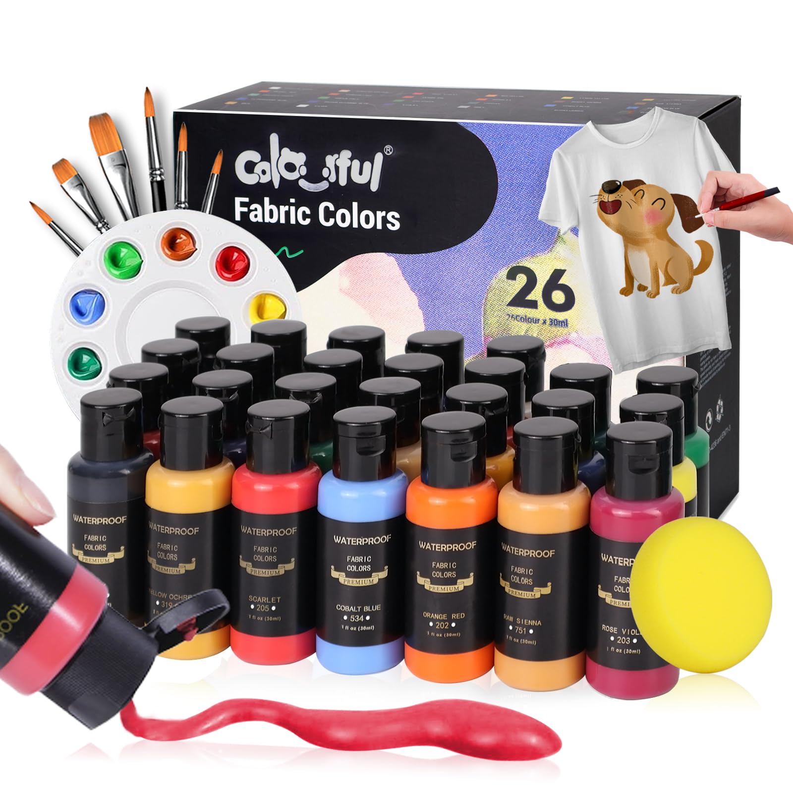 Colorful Permanent Fabric Paint, 26 Colors Soft Fabric Paint in Bottles (30ml/1oz) with Brushes, Palette,Non-Toxic Textile Paint for Creative DIY Clothes, T-Shirts, Shoes Art and Crafts