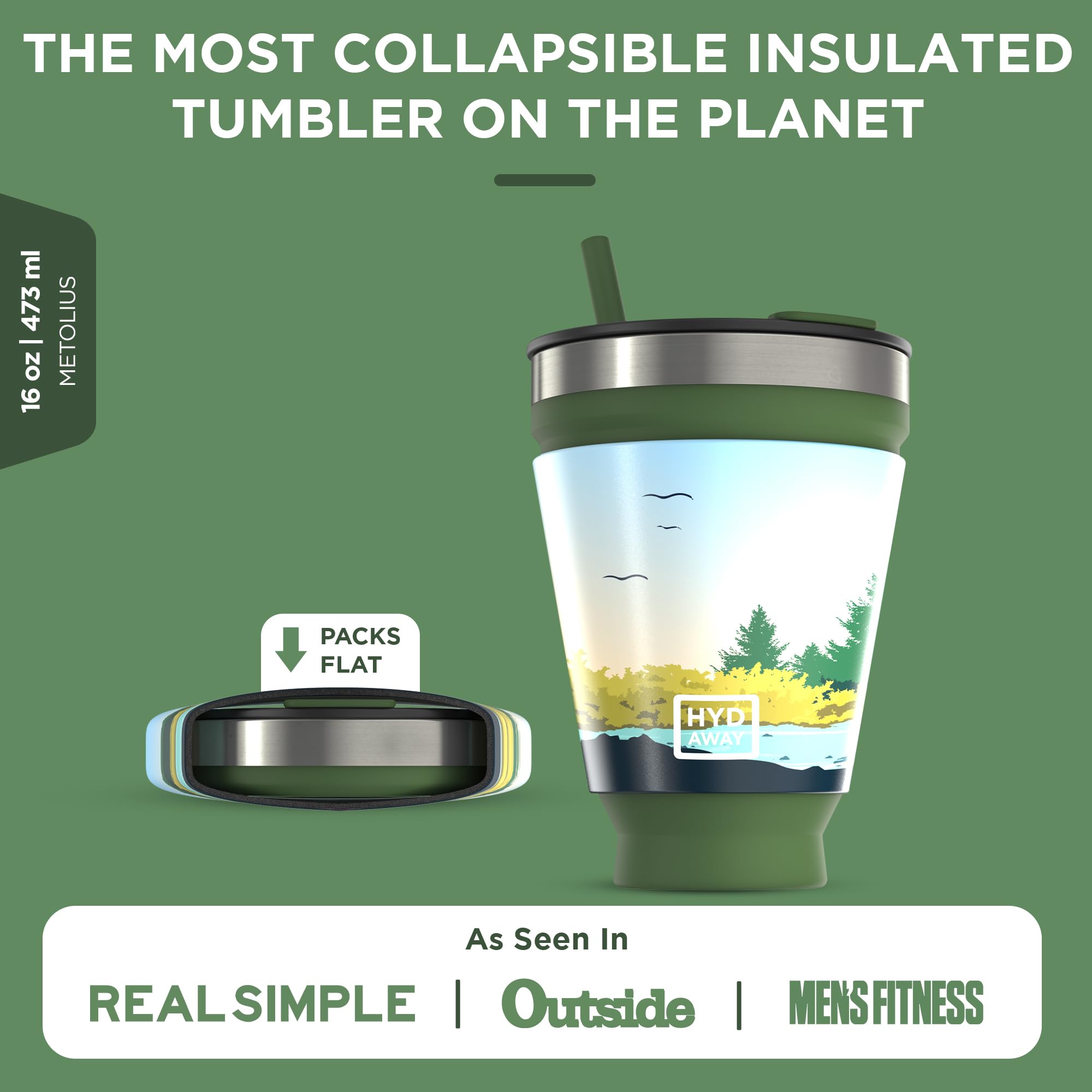 HYDAWAY Collapsible Tumbler with Lid and Straw - 16 oz I Portable, Insulated Silicone Travel Mug, Hot & Cold Foldable Cup for Coffee, Tea, Camping & Backpacking, Spill Proof Lid & Steel Rim