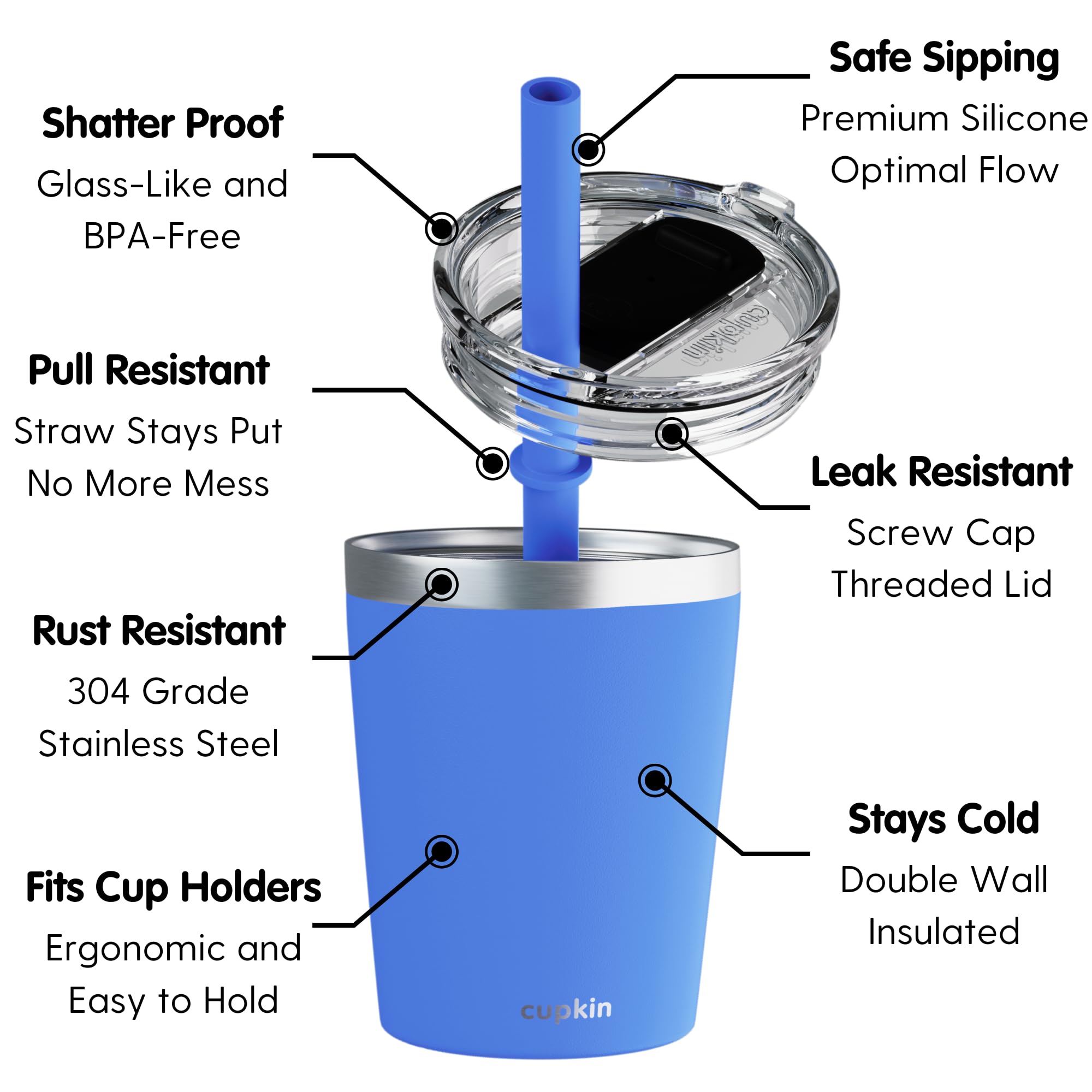 CUPKIN Stackable Stainless Steel Kids Cup Smoothie Tumbler, Powder Coated Insulated Tumblers, BPA Free Lid and Silicone Straw 8 Fl Oz (Pack of 1), Blue