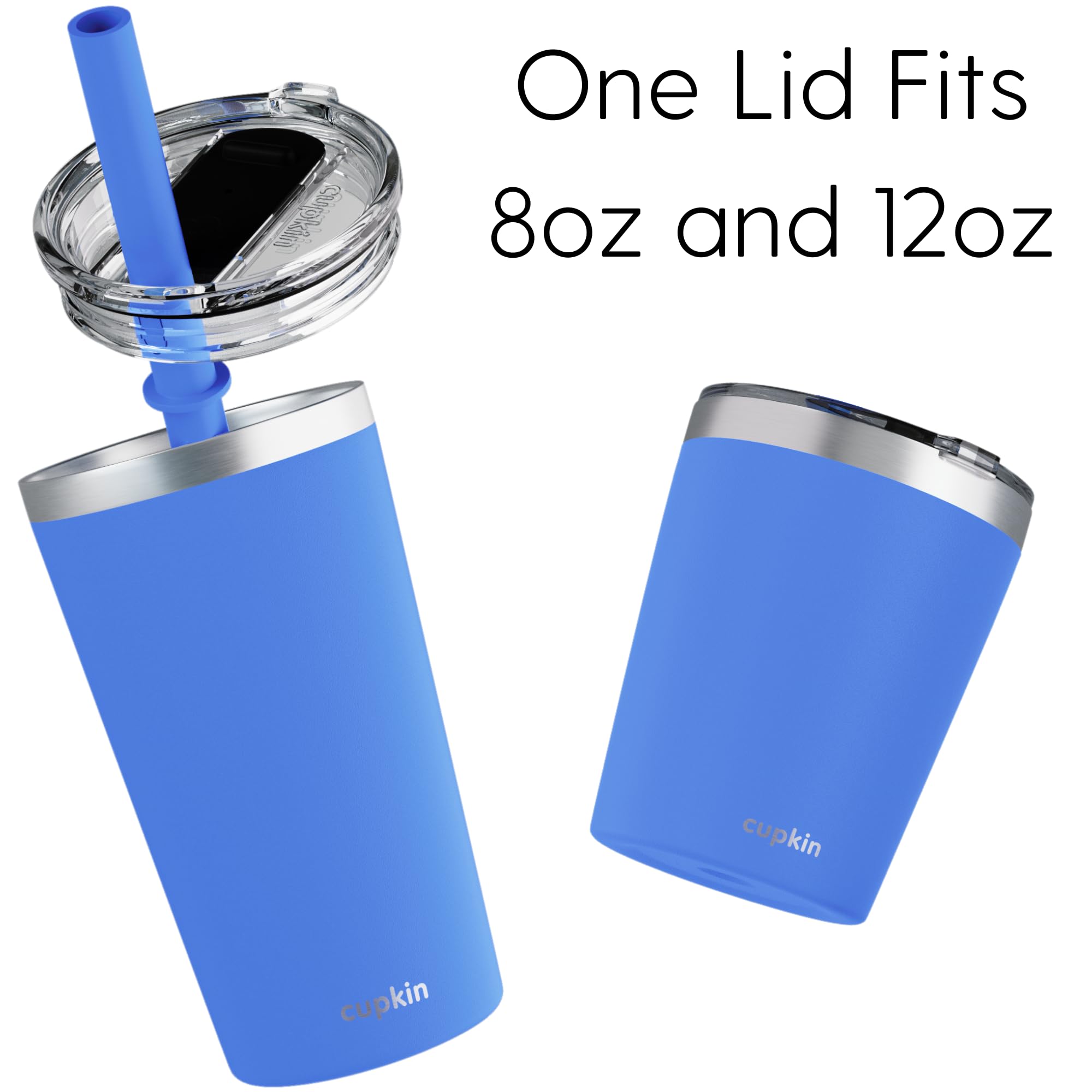 CUPKIN Stackable Stainless Steel Kids Cup Smoothie Tumbler, Powder Coated Insulated Tumblers, BPA Free Lid and Silicone Straw 8 Fl Oz (Pack of 1), Blue