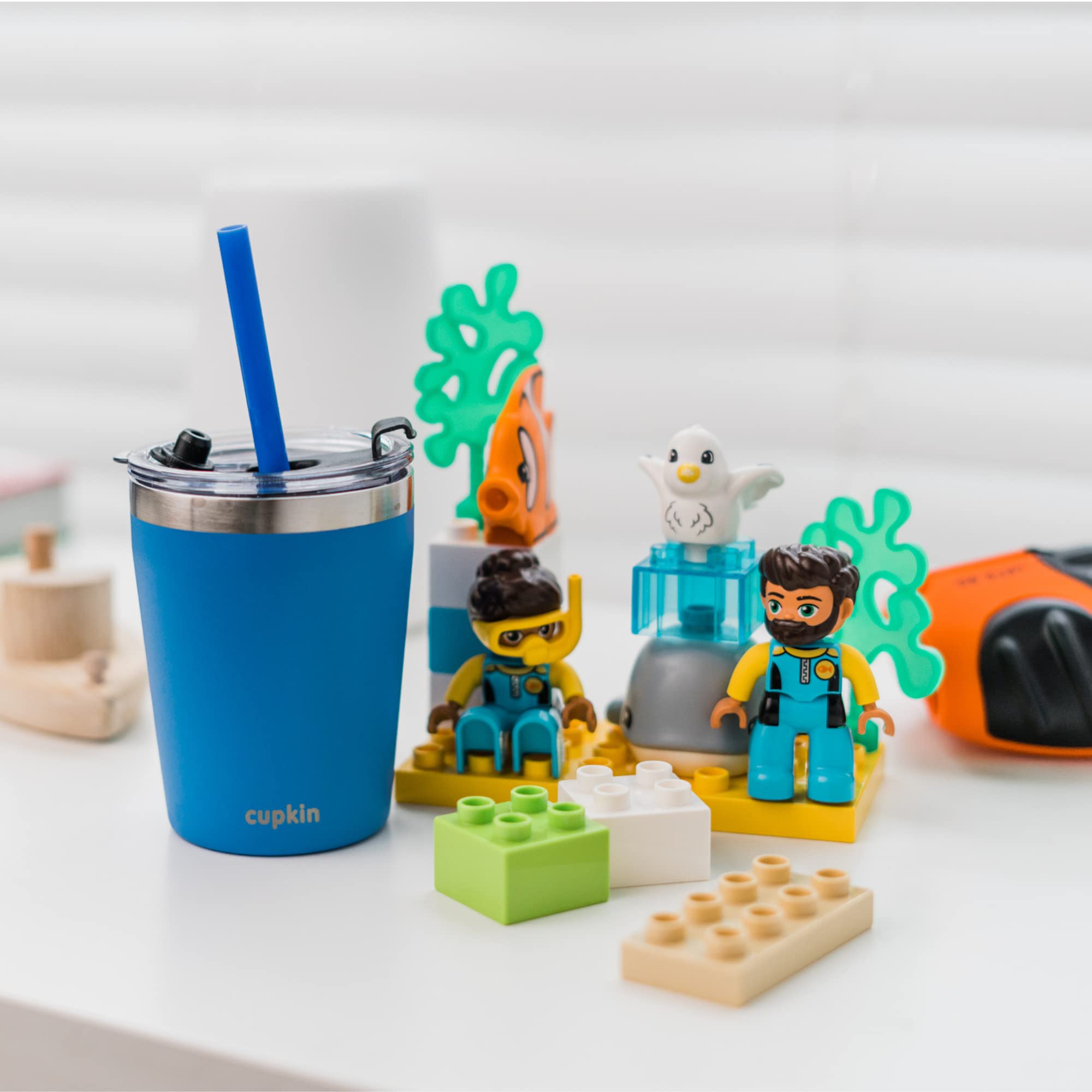 CUPKIN Stackable Stainless Steel Kids Cup Smoothie Tumbler, Powder Coated Insulated Tumblers, BPA Free Lid and Silicone Straw 8 Fl Oz (Pack of 1), Blue