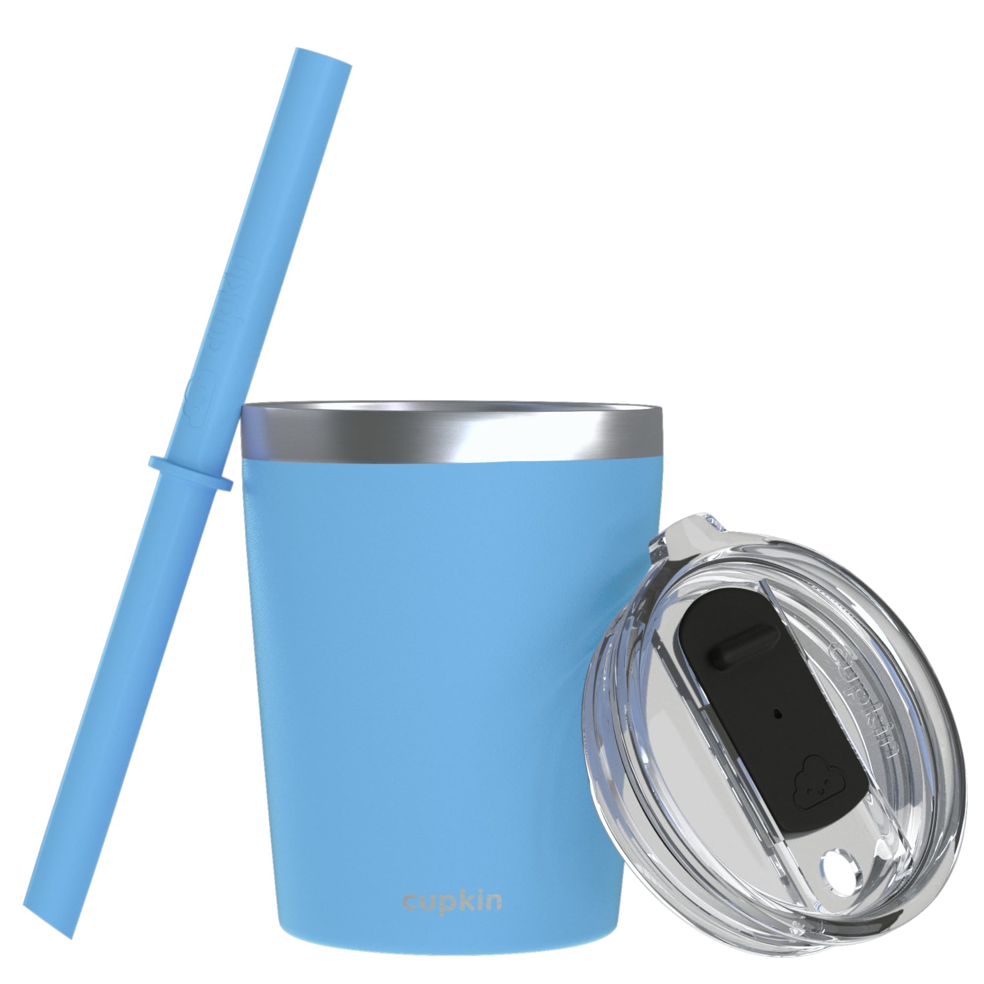 CUPKIN Stackable Stainless Steel Kids Cup Smoothie Tumbler, Powder Coated Insulated Tumblers, BPA Free Lid and Silicone Straw 8 Fl Oz (Pack of 1), Bright Blue