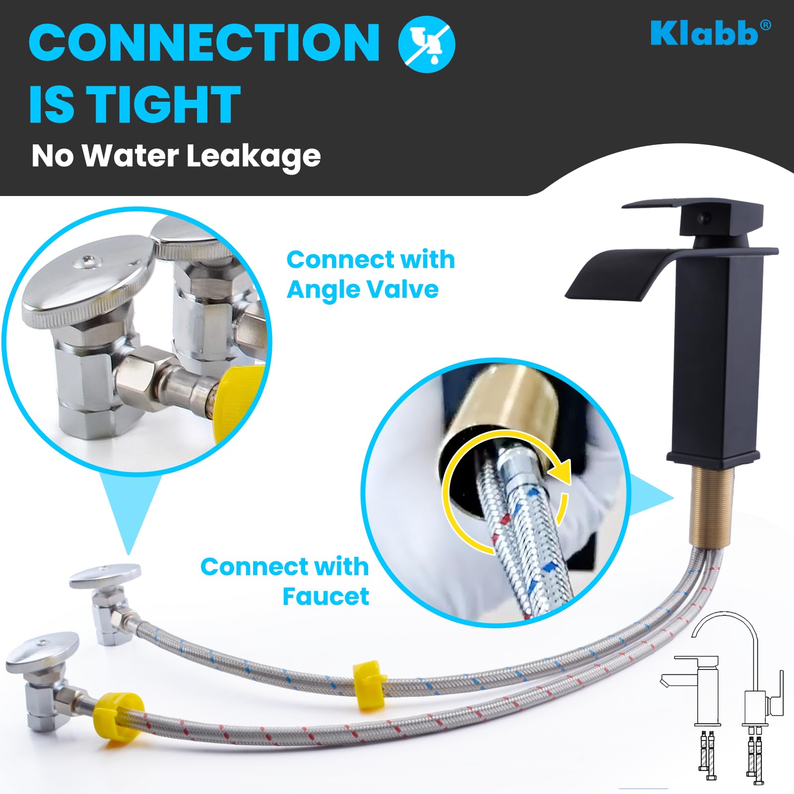 Klabb F18 32-Inch Long Bathroom Kitchen Faucet Connector Braided Stainless Steel Supply Hose 3/8-Inch Female Compression Thread x M10 Male Connector, x 2 Pcs (1 Pair)