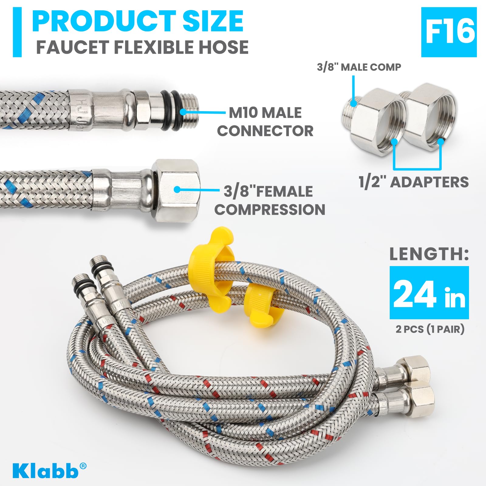 Klabb F16 24-Inch Long Bathroom Kitchen Faucet Connector Braided Stainless Steel Supply Hose 3/8-Inch Female Compression Thread x M10 Male Connector, x 2 Pcs (1 Pair)