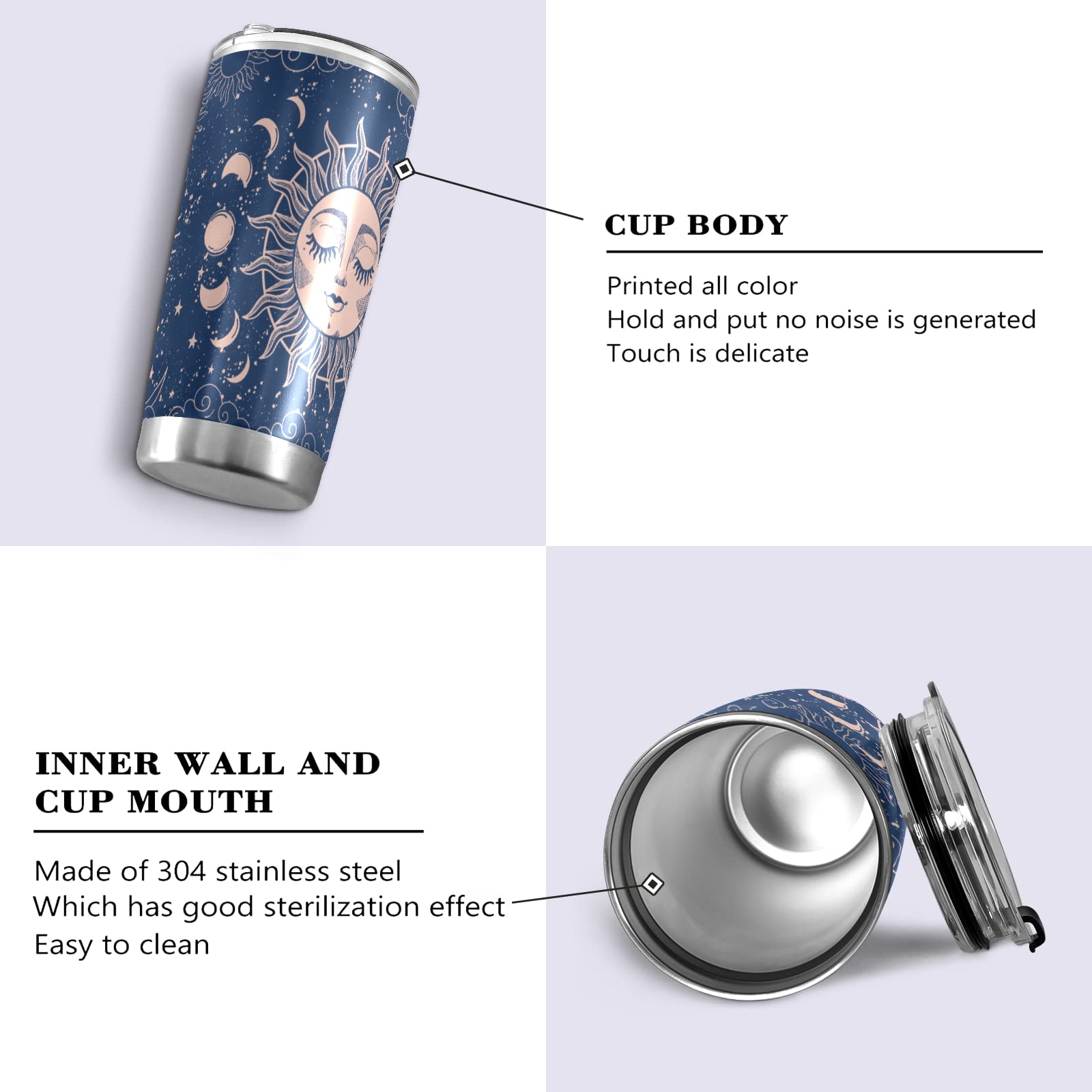 Yasala Tumbler Boho Moon Sun Star Blue Insulated Coffee Cup Beverage Container Travel Mug with Straw and Lid Double Wall Stainless Steel 20oz BPA-Free for Sport, Back to School