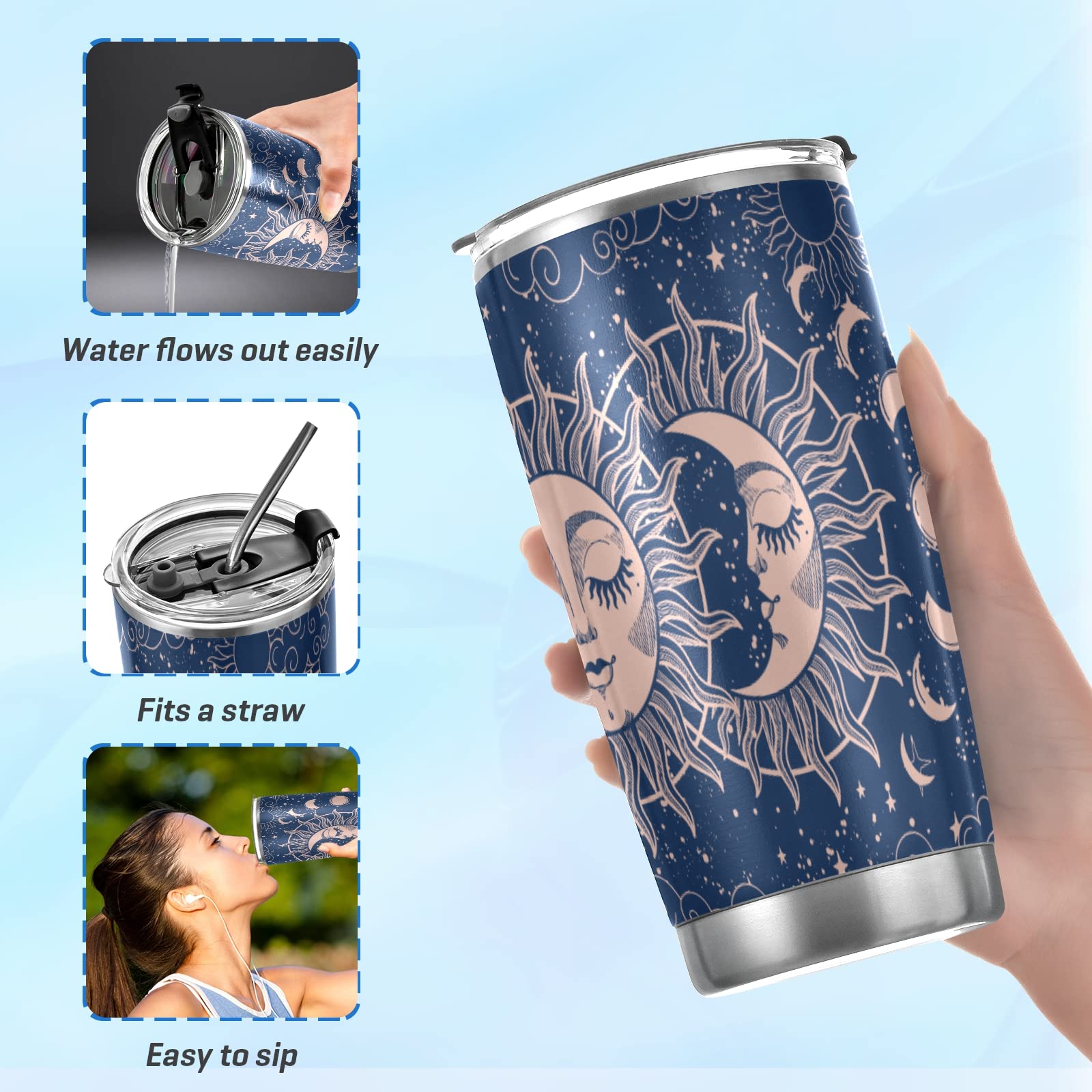 Yasala Tumbler Boho Moon Sun Star Blue Insulated Coffee Cup Beverage Container Travel Mug with Straw and Lid Double Wall Stainless Steel 20oz BPA-Free for Sport, Back to School