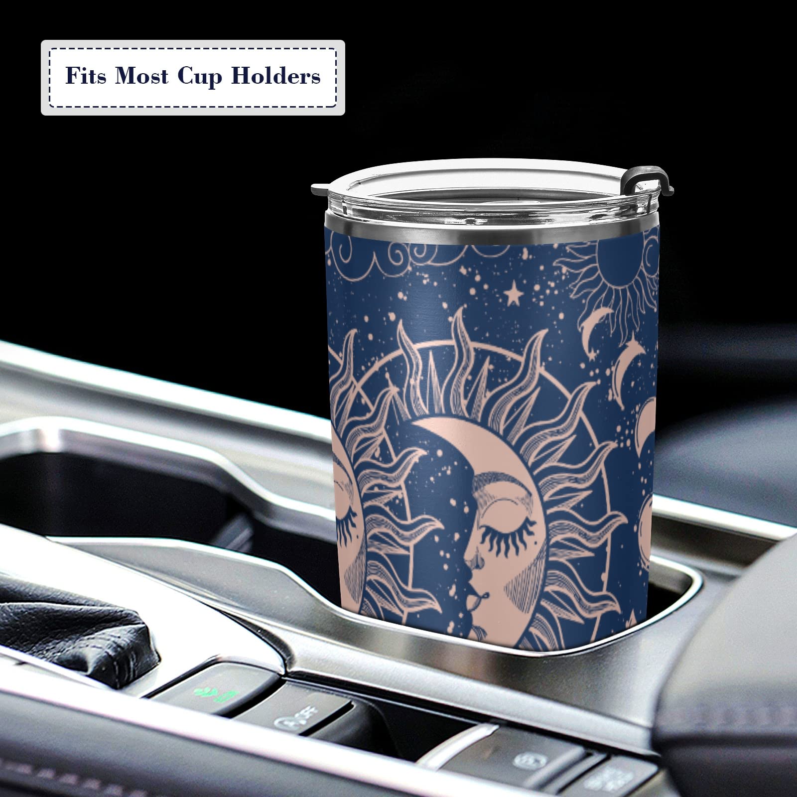 Yasala Tumbler Boho Moon Sun Star Blue Insulated Coffee Cup Beverage Container Travel Mug with Straw and Lid Double Wall Stainless Steel 20oz BPA-Free for Sport, Back to School