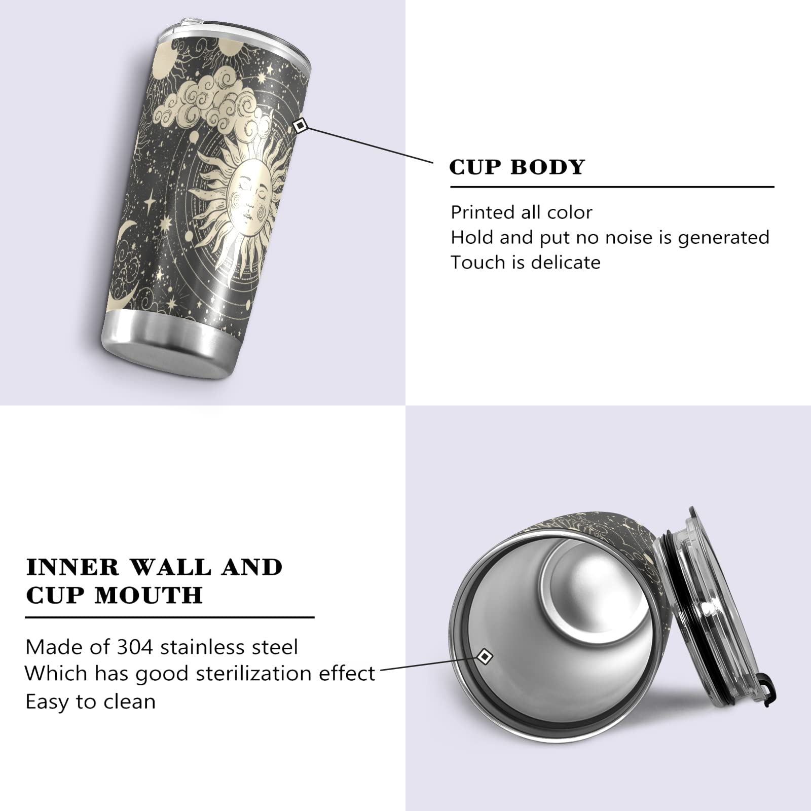 Yasala Tumbler Boho Moon Sun Cloud Star Insulated Coffee Cup Beverage Container Travel Mug with Straw and Lid Double Wall Stainless Steel 20oz BPA-Free for Sport, Back to School