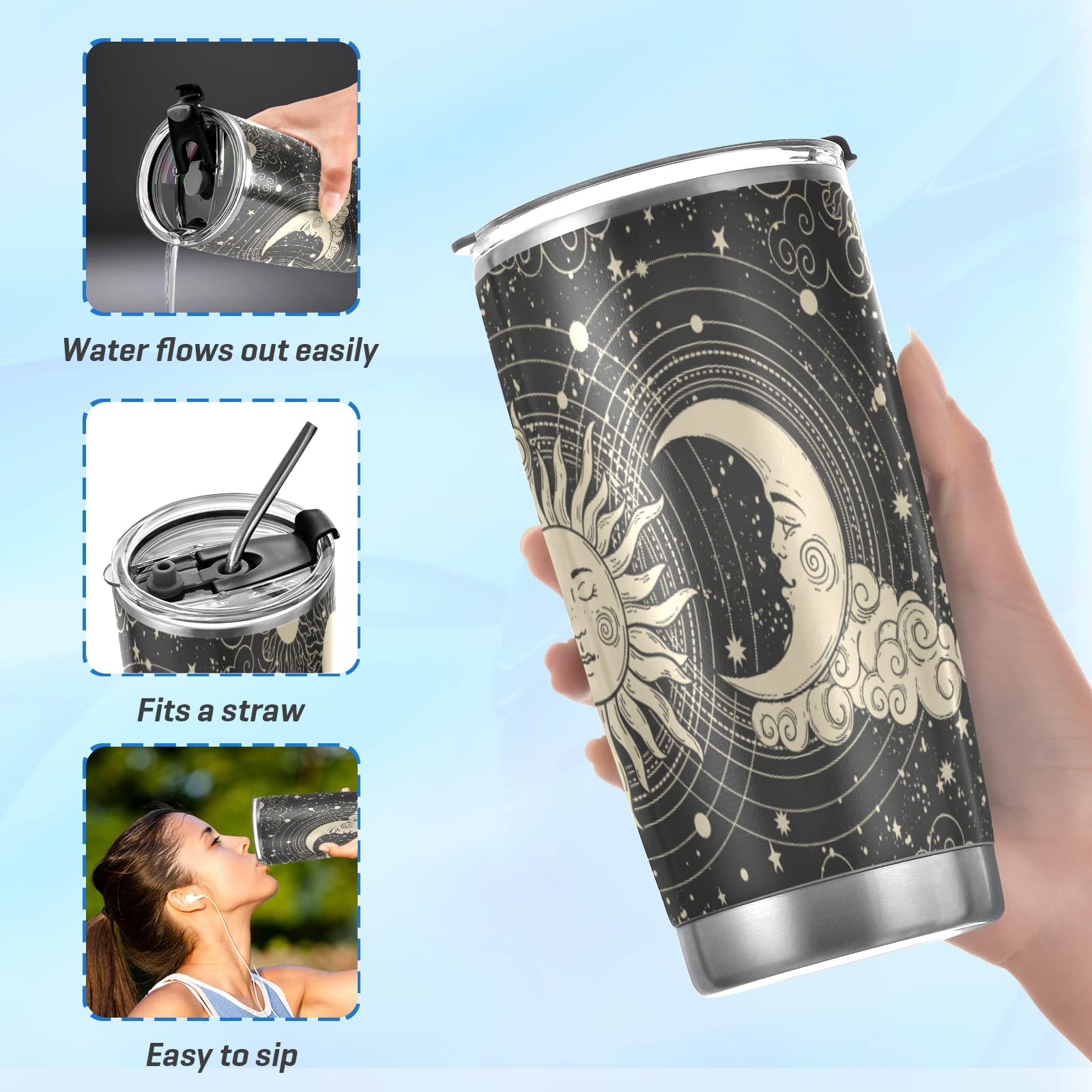 Yasala Tumbler Boho Moon Sun Cloud Star Insulated Coffee Cup Beverage Container Travel Mug with Straw and Lid Double Wall Stainless Steel 20oz BPA-Free for Sport, Back to School