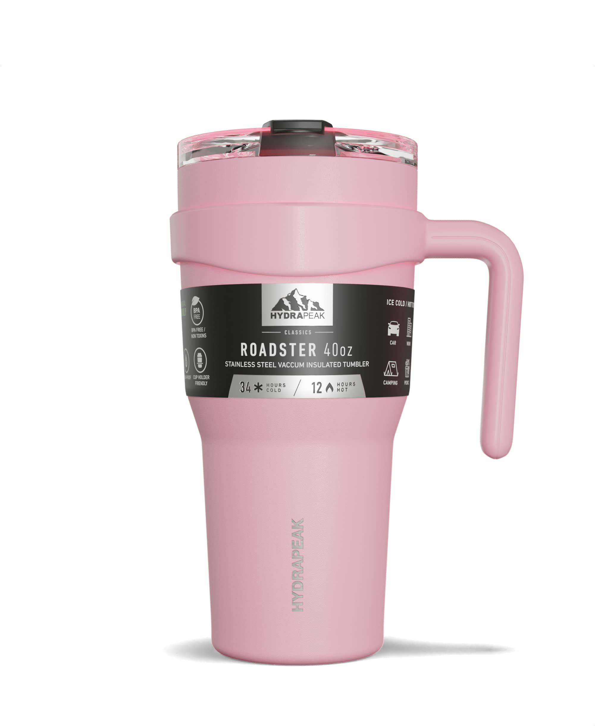 Hydrapeak Roadster 40oz Stainless Steel Tumbler Double Wall Vacuum Insulated Water Bottle With Handle And 2 in 1 Straw Lid (Bubblegum)