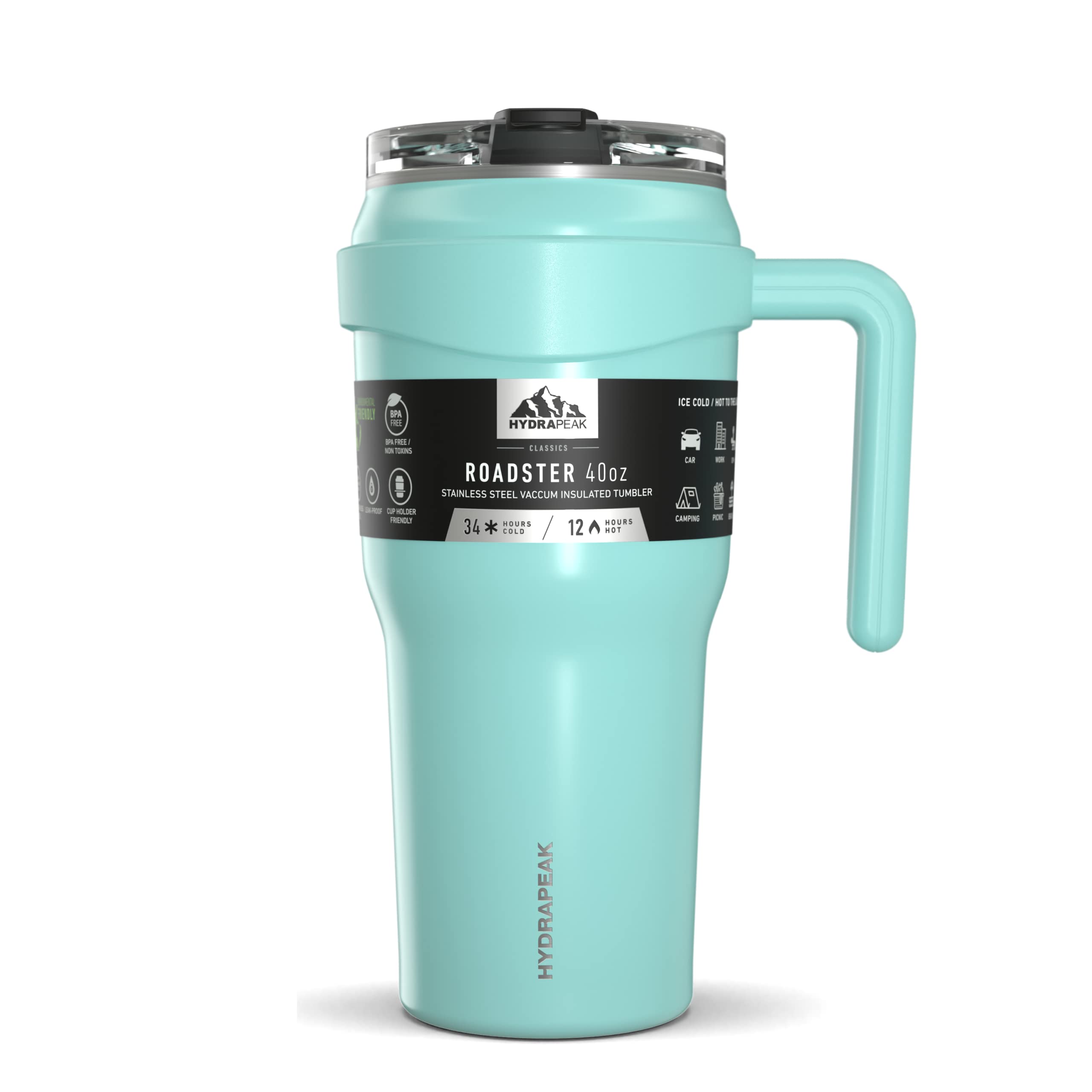 Hydrapeak Roadster 40oz Stainless Steel Tumbler Double Wall Vacuum Insulated Water Bottle With Handle And 2 in 1 Straw Lid (Aqua Gloss)