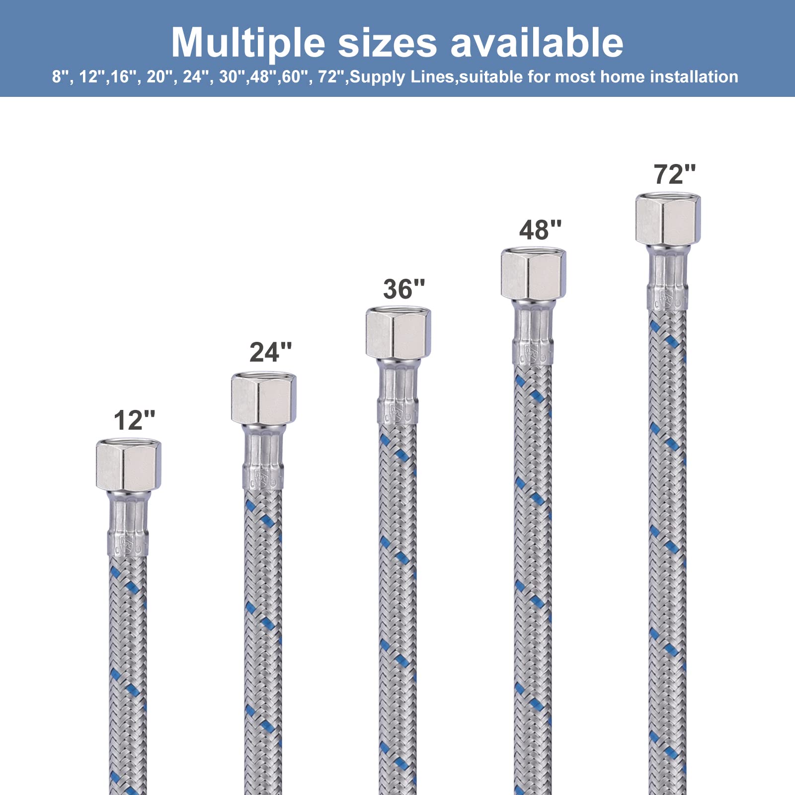 ARCORA 72-Inch Faucet Hose Connects Kitchen Bathroom Sink to Water Supply, Stainless Steel cUPC Supply Lines with 3/8-Inch x 3/8-Inch Female Compression Thread 1 Pair