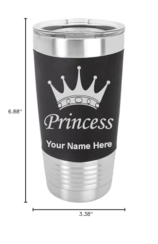 LaserGram 20oz Vacuum Insulated Tumbler Mug, Princess Crown, Personalized Engraving Included (Silicone Grip, Black)