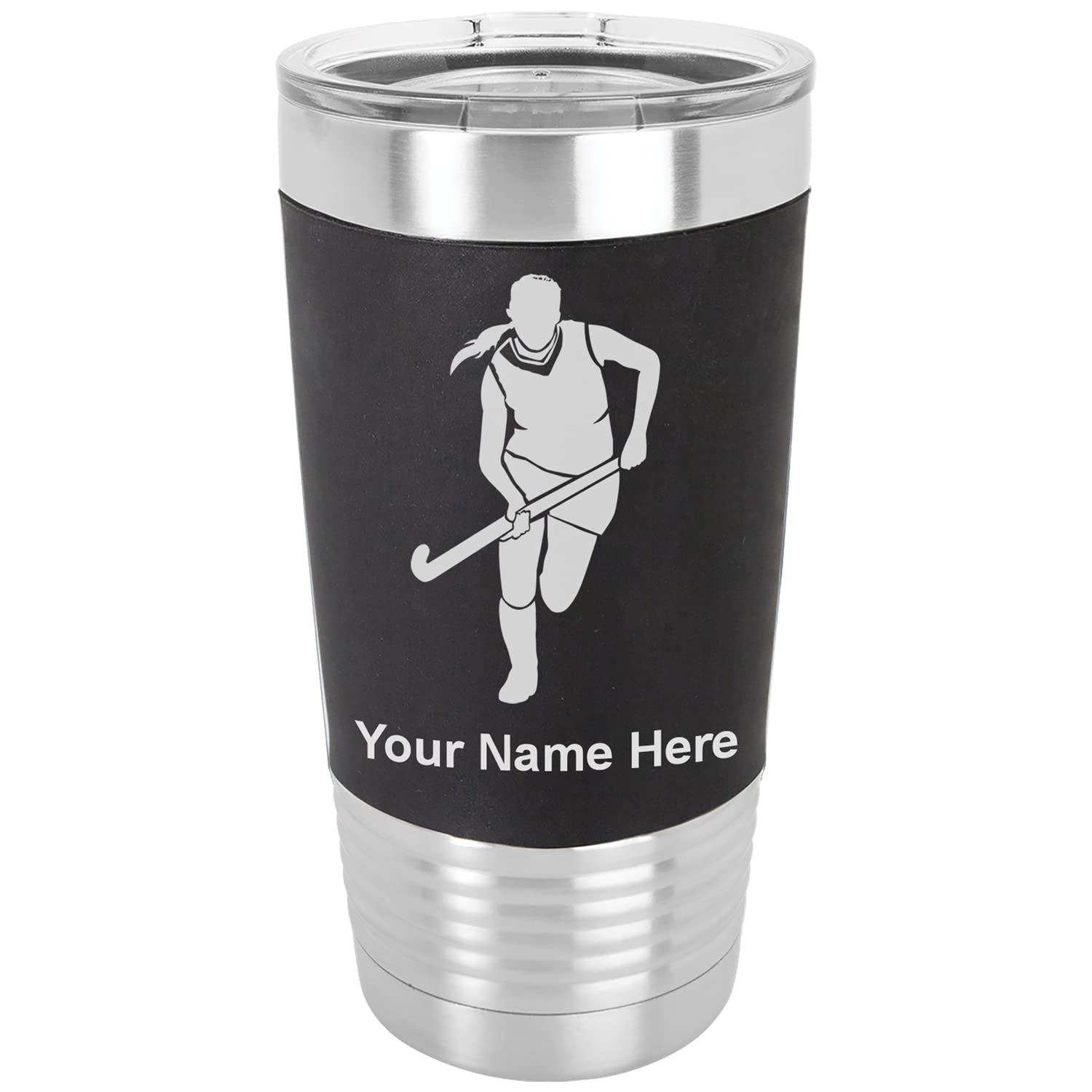 LaserGram 20oz Vacuum Insulated Tumbler Mug, Field Hockey Woman, Personalized Engraving Included (Silicone Grip, Black)