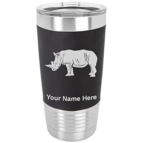 LaserGram 20oz Vacuum Insulated Tumbler Mug, Rhinoceros, Personalized Engraving Included (Silicone Grip, Black)