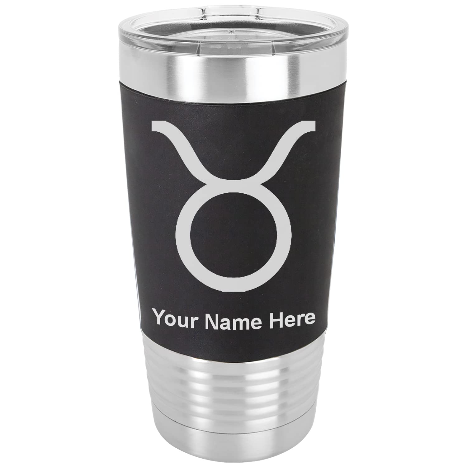 LaserGram 20oz Vacuum Insulated Tumbler Mug, Zodiac Sign Taurus, Personalized Engraving Included (Silicone Grip, Black)