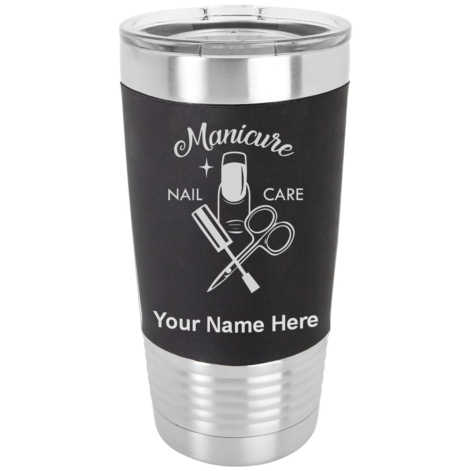 LaserGram 20oz Vacuum Insulated Tumbler Mug, Manicure, Personalized Engraving Included (Silicone Grip, Black)