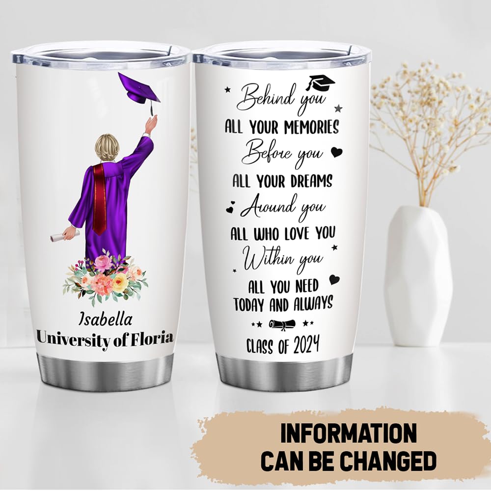 wowcugi Personalized Graduation Tumbler Behind All Your Memories Class Of 2024 Custom Cups with Lid 20oz 30oz Coffee Mugs Graduation Gifts Masters Tumblers for Men Women Graduating Daughter Son