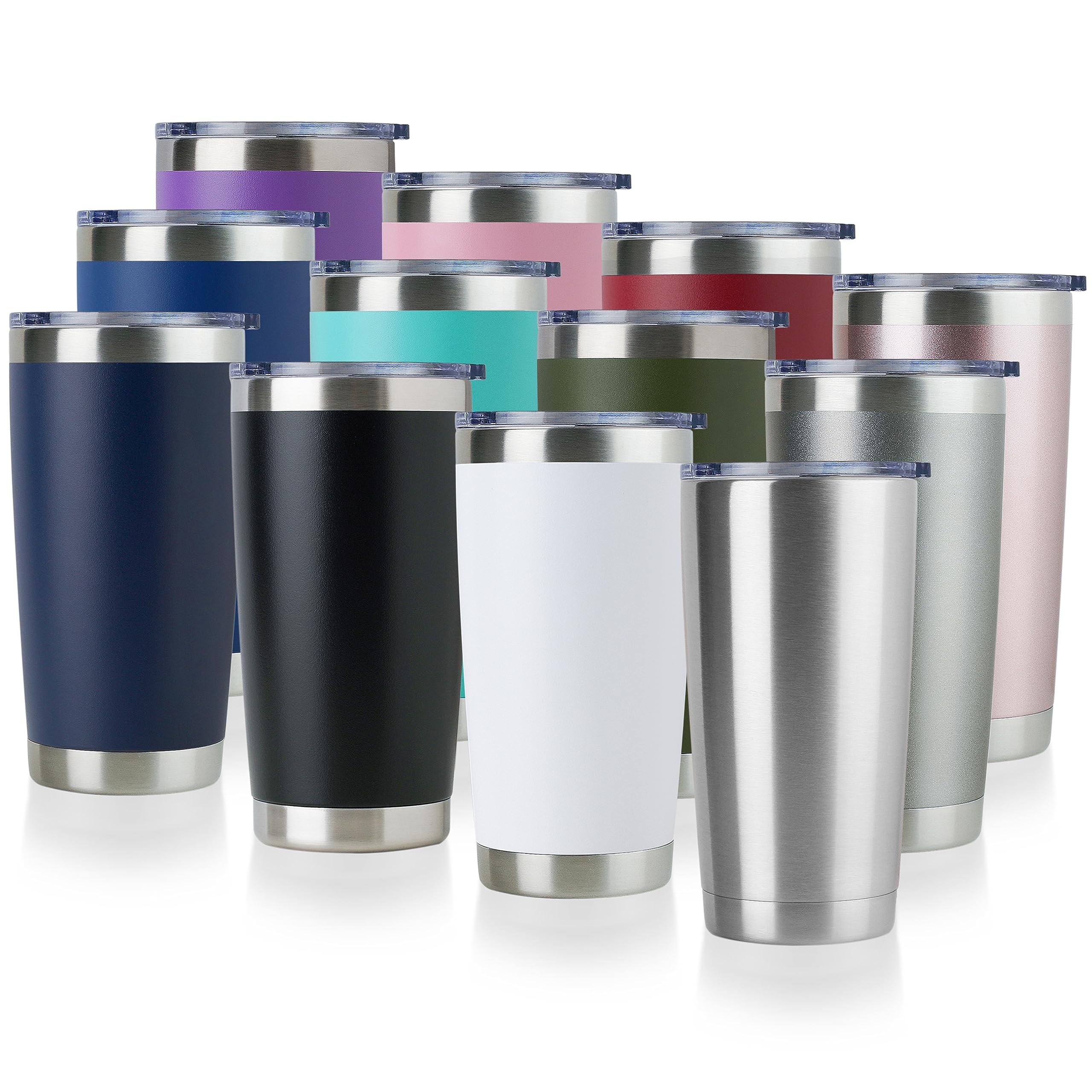DOMICARE 20oz Stainless Steel Tumbler Bulk with Lid, Double Wall Vacuum Insulated Travel Mug, Powder Coated Coffee Cup (Mix, 12)