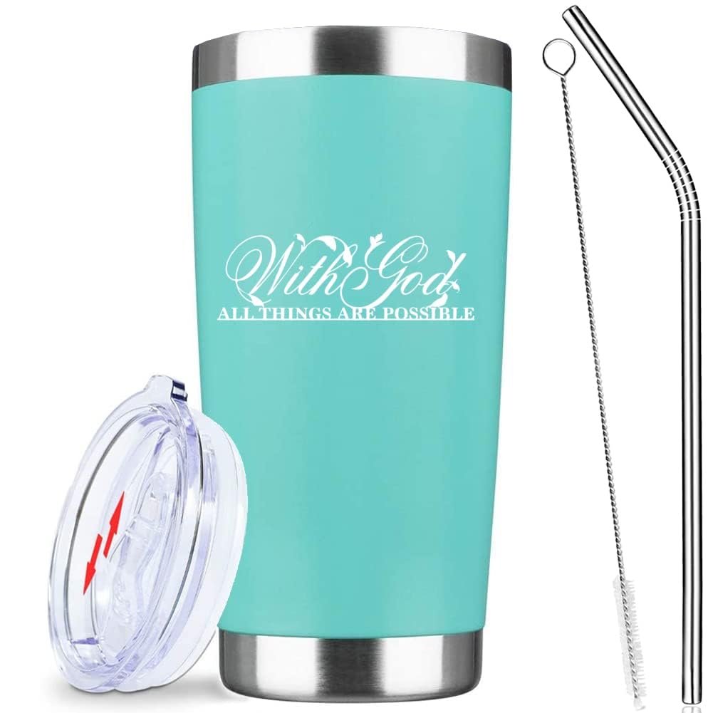 Mothers Day Gifts , With God All Things Are Possible Inspirational Tumblers with Lid & Straw 20 Oz | Insulated Stainless Steel Tumbler Coffee Mug | Best Christian Religious Gifts For Women (Mint)