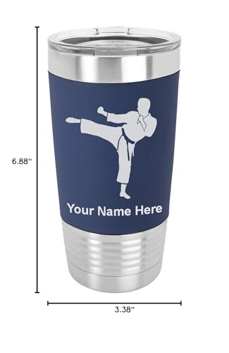 LaserGram 20oz Vacuum Insulated Tumbler Mug, Karate Man, Personalized Engraving Included (Silicone Grip, Navy Blue)