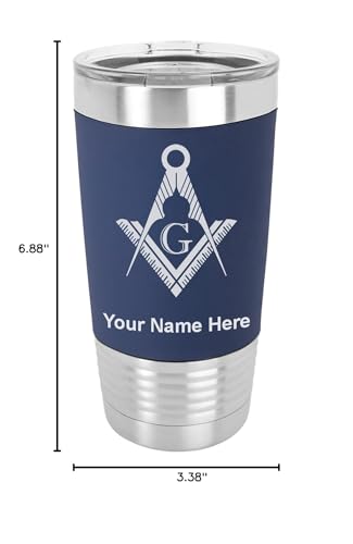 LaserGram 20oz Vacuum Insulated Tumbler Mug, Freemason Symbol, Personalized Engraving Included (Silicone Grip, Navy Blue)