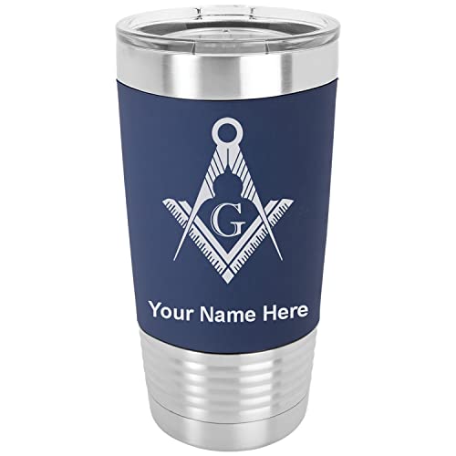 LaserGram 20oz Vacuum Insulated Tumbler Mug, Freemason Symbol, Personalized Engraving Included (Silicone Grip, Navy Blue)