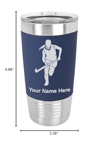 LaserGram 20oz Vacuum Insulated Tumbler Mug, Field Hockey Woman, Personalized Engraving Included (Silicone Grip, Navy Blue)