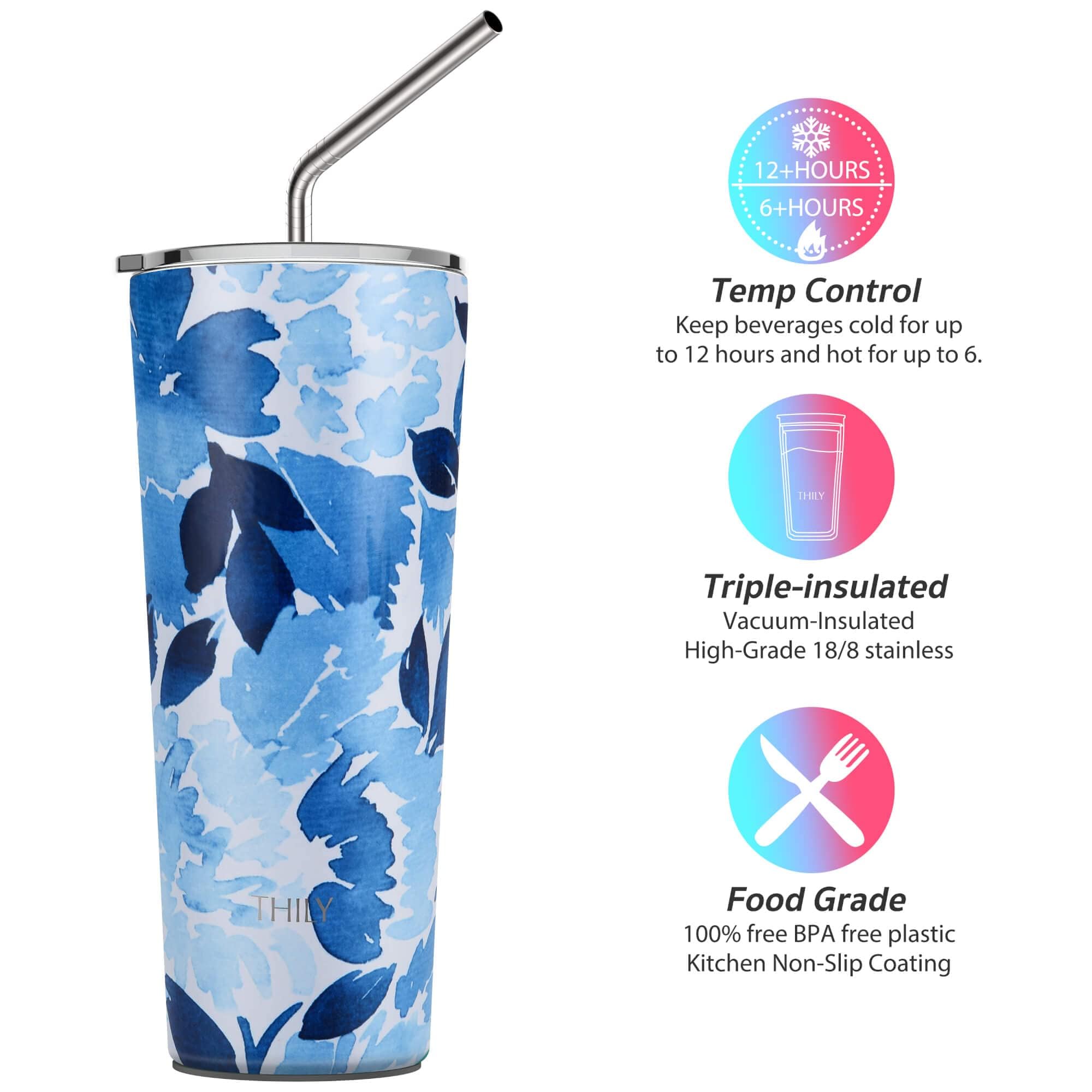 THILY Stainless Steel Vacuum Insulated Tumbler 26 oz Triple-Insulated Travel Mug with Splash-Proof Lid, for Iced Coffee and Hot Beverage, Blue Maple