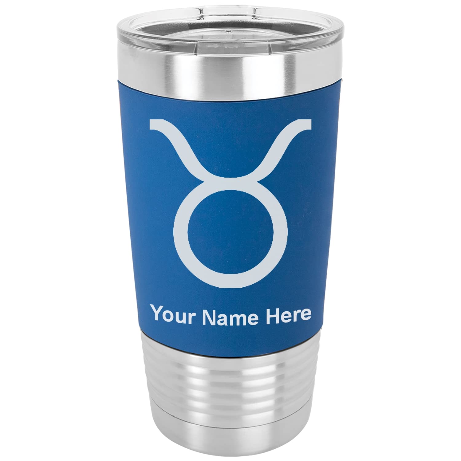 LaserGram 20oz Vacuum Insulated Tumbler Mug, Zodiac Sign Taurus, Personalized Engraving Included (Silicone Grip, Dark Blue)