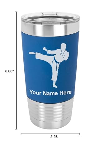 LaserGram 20oz Vacuum Insulated Tumbler Mug, Karate Man, Personalized Engraving Included (Silicone Grip, Dark Blue)