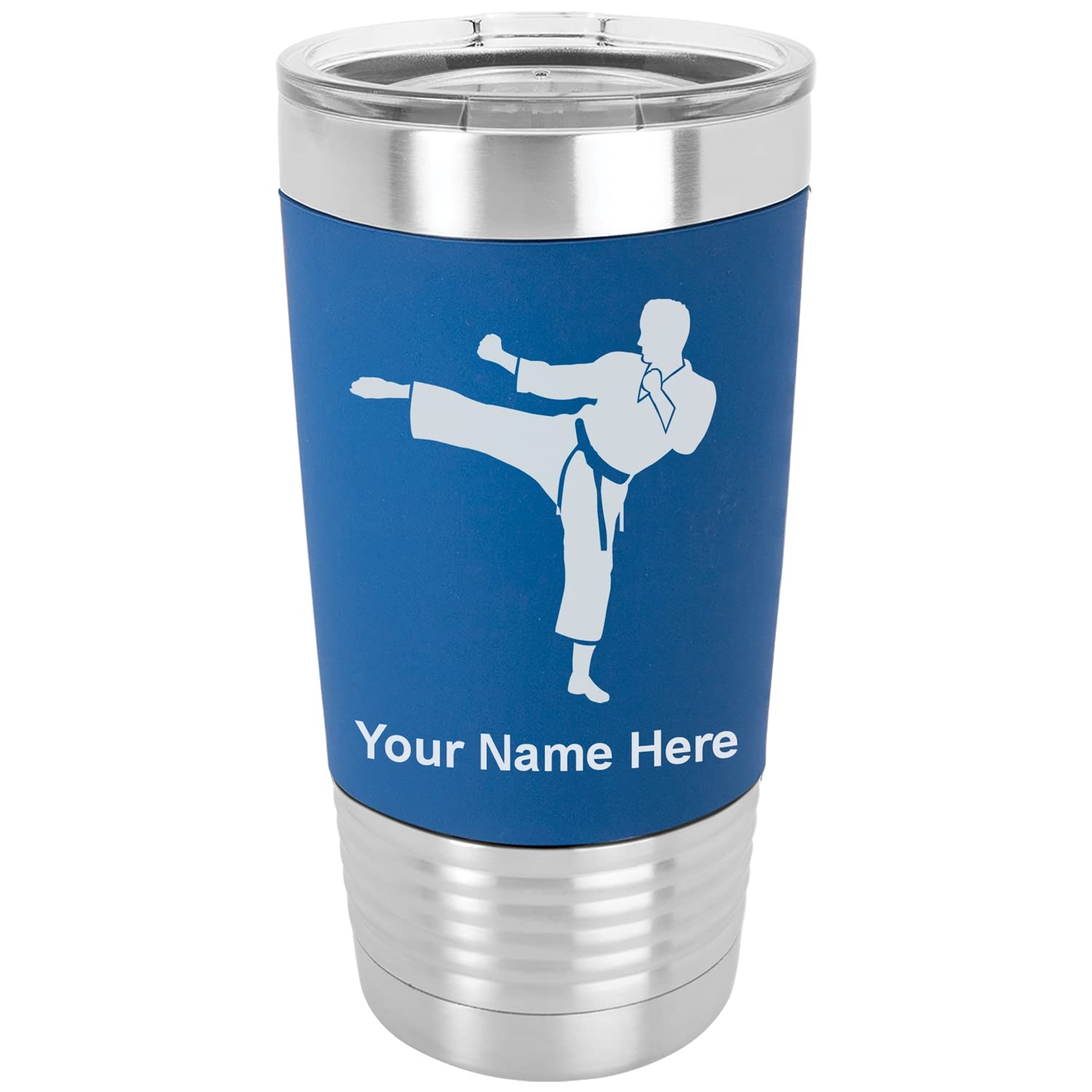 LaserGram 20oz Vacuum Insulated Tumbler Mug, Karate Man, Personalized Engraving Included (Silicone Grip, Dark Blue)