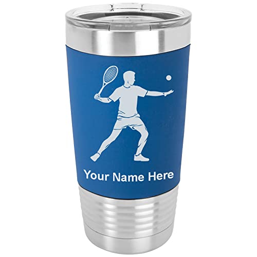 LaserGram 20oz Vacuum Insulated Tumbler Mug, Tennis Player Man, Personalized Engraving Included (Silicone Grip, Dark Blue)