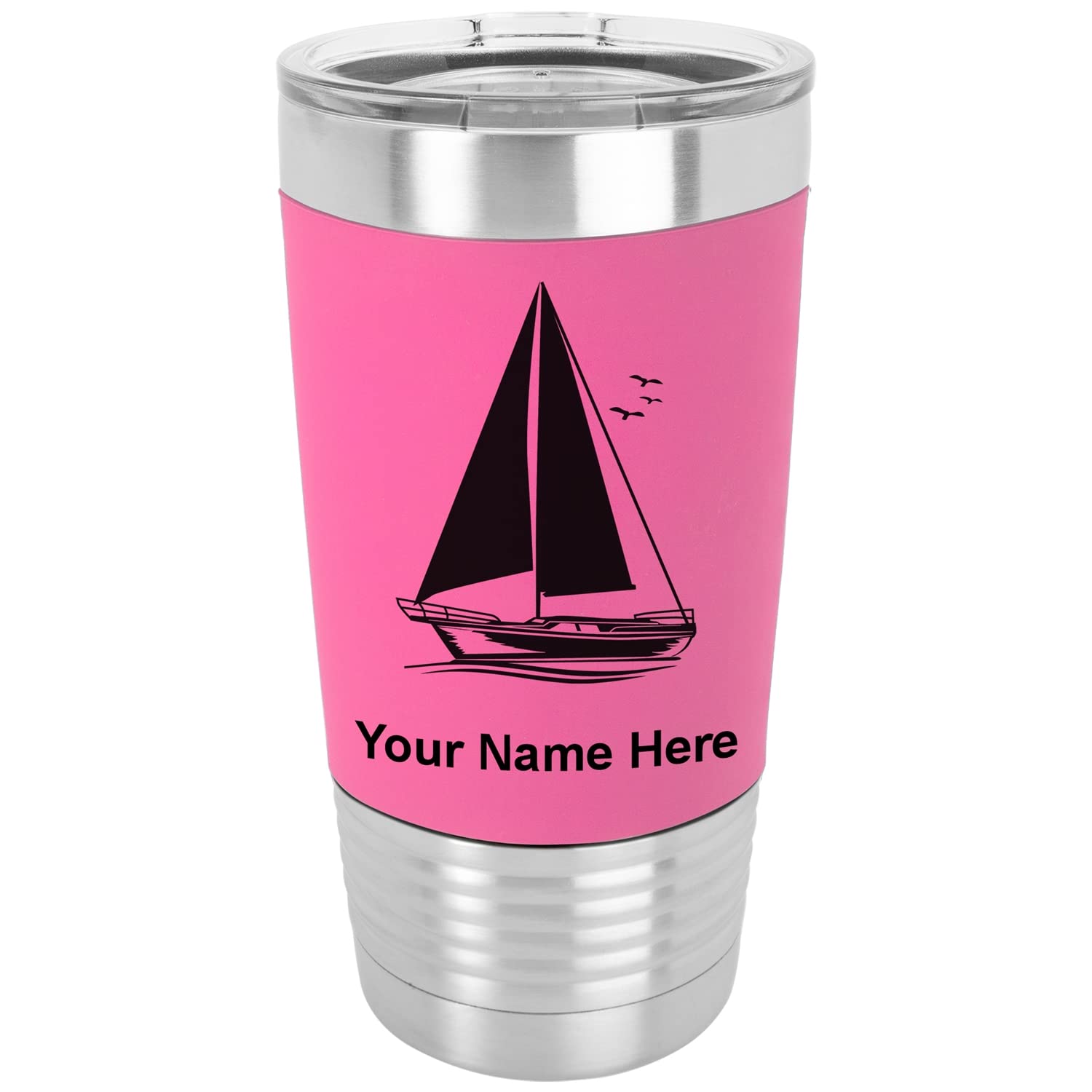 LaserGram 20oz Vacuum Insulated Tumbler Mug, Sailboat, Personalized Engraving Included (Silicone Grip, Pink)