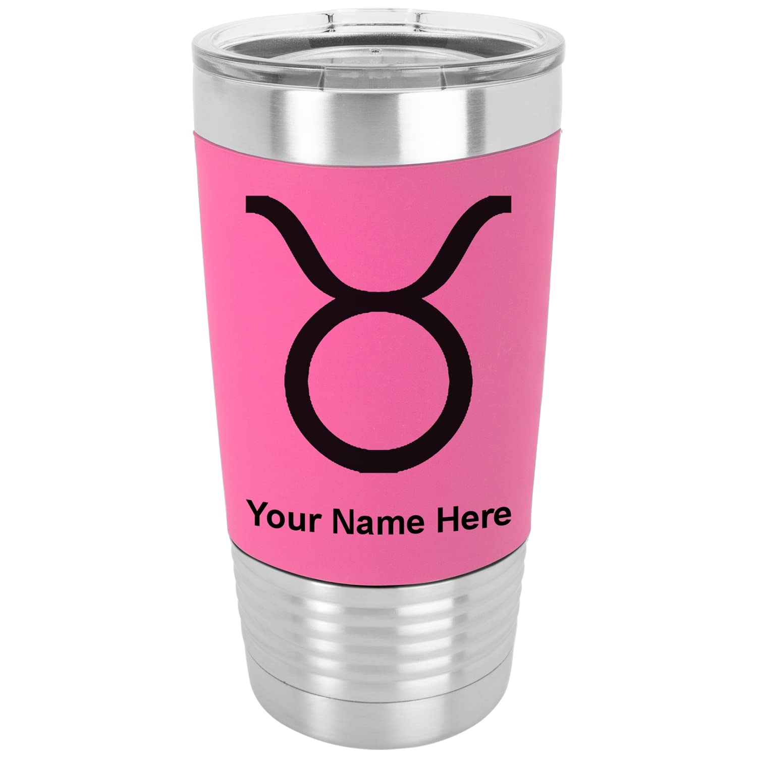 LaserGram 20oz Vacuum Insulated Tumbler Mug, Zodiac Sign Taurus, Personalized Engraving Included (Silicone Grip, Pink)