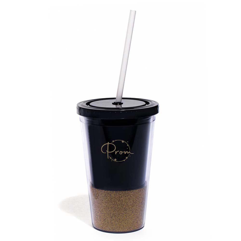 TCDesignerProducts Black Prom Tumblers with Black Lid, Clear Straw, and Glitter Insert, Set of 2, Prom Favors, Keepsakes