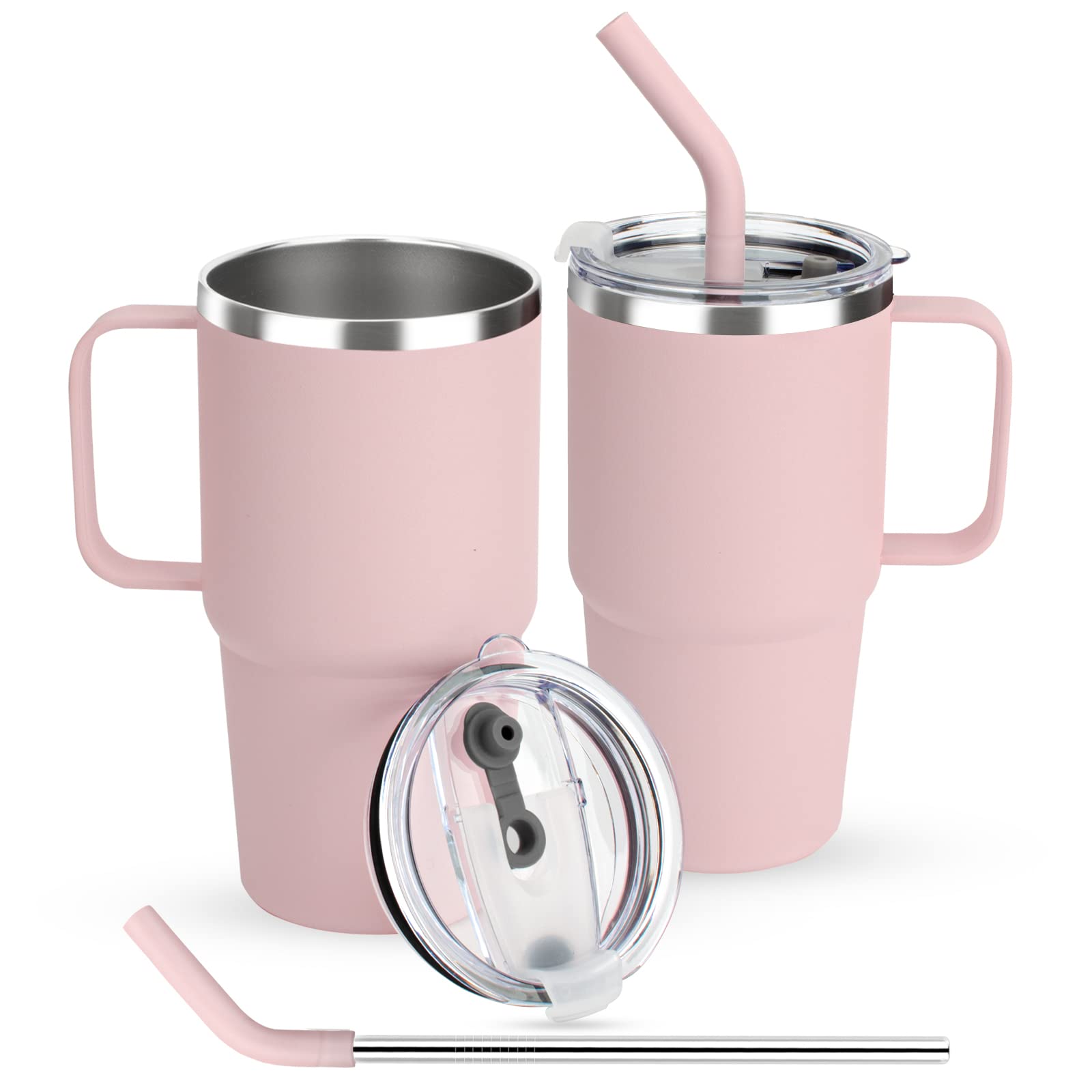 Sursip 24 oz Insulated Cup with Handle, Double Wall Vacuum Stainless Steel Tumbler with Straw and 2 Lids, For Cold/Hot Drinks, Coffee Travel Mug for Car/Home/Office/Party/Camping (Pink-2 Pack)