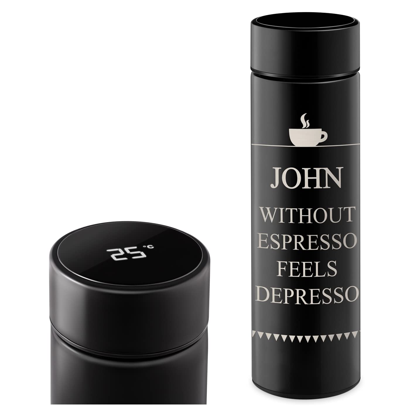 Maverton Travel Mug with engraving for man - 15,2 fl oz flask for him - Removable tea infuser - Lightweight design - LED Display - For Birthday - Personalized gadget for traveler - depresso