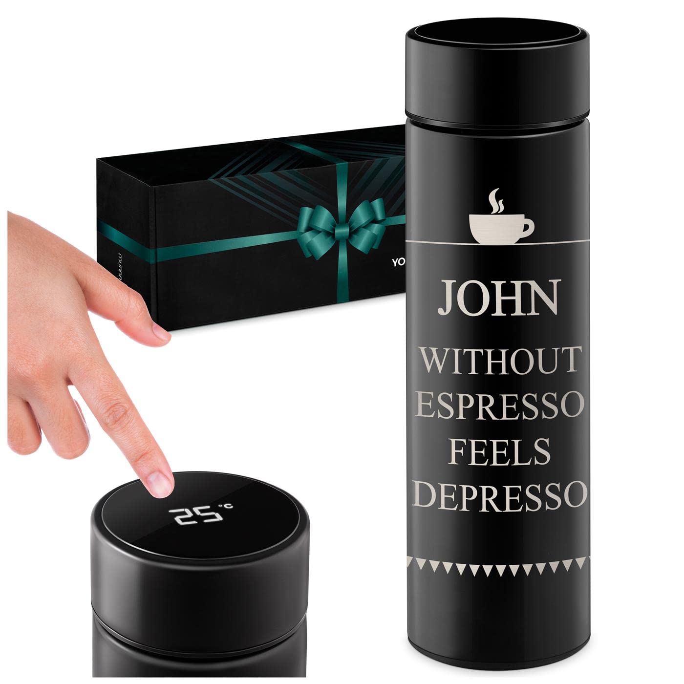 Maverton Travel Mug with engraving for man - 15,2 fl oz flask for him - Removable tea infuser - Lightweight design - LED Display - For Birthday - Personalized gadget for traveler - depresso