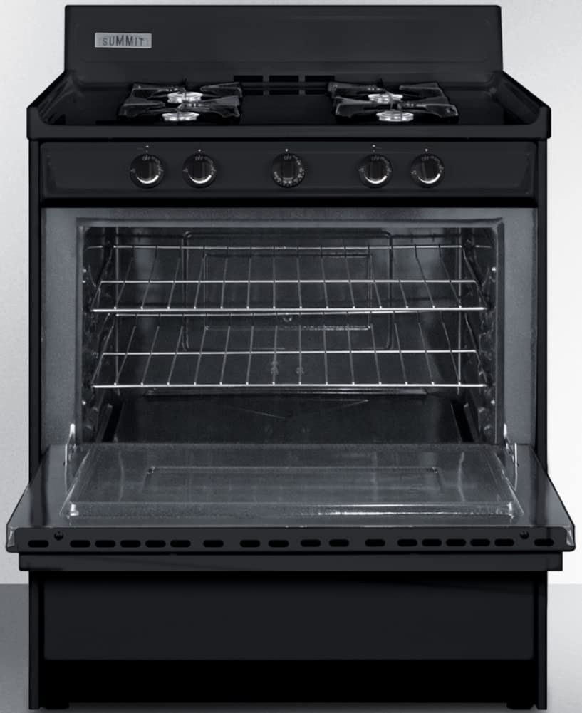 Summit Appliance TNM2107C 30" Wide Open Burner Gas Range in Black with Electronic Ignition, Four Open Burners, Adjustable Oven Racks, Broiler Pan, Porcelain and Steel Construction