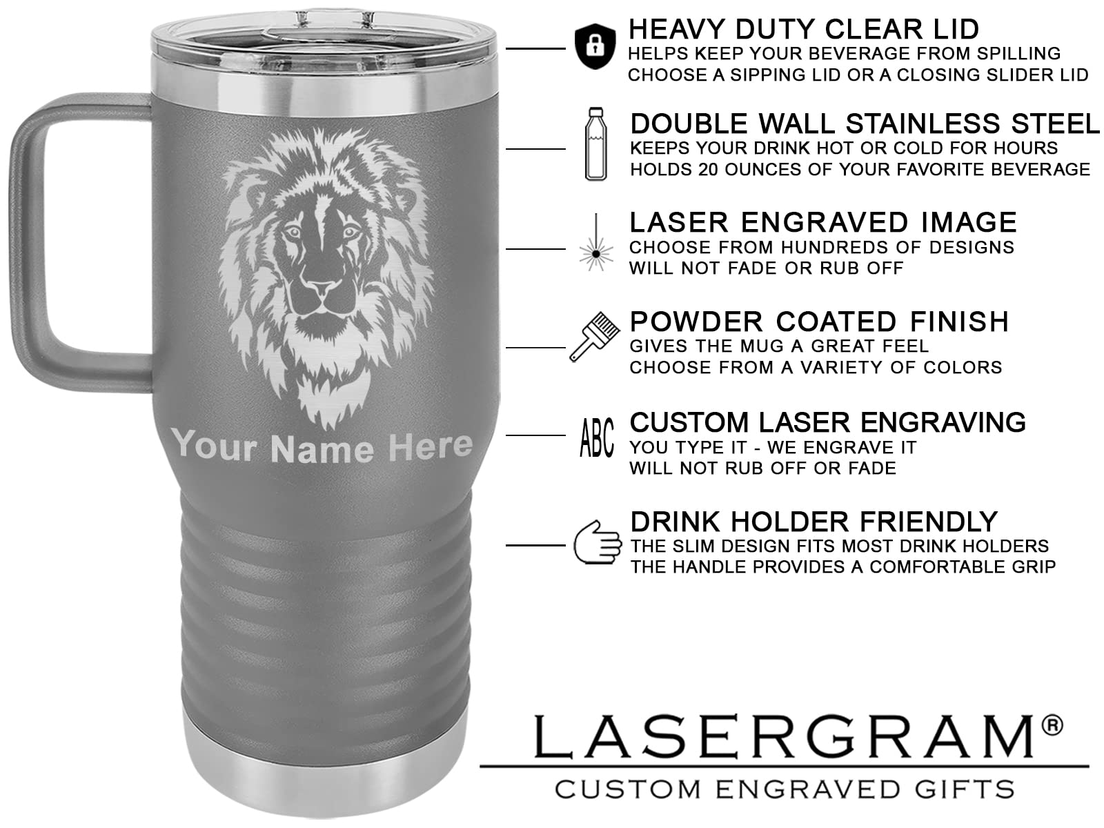 20oz Vacuum Insulated Travel Mug with Handle, Flag of Guatemala, Personalized Engraving Included (Gray)