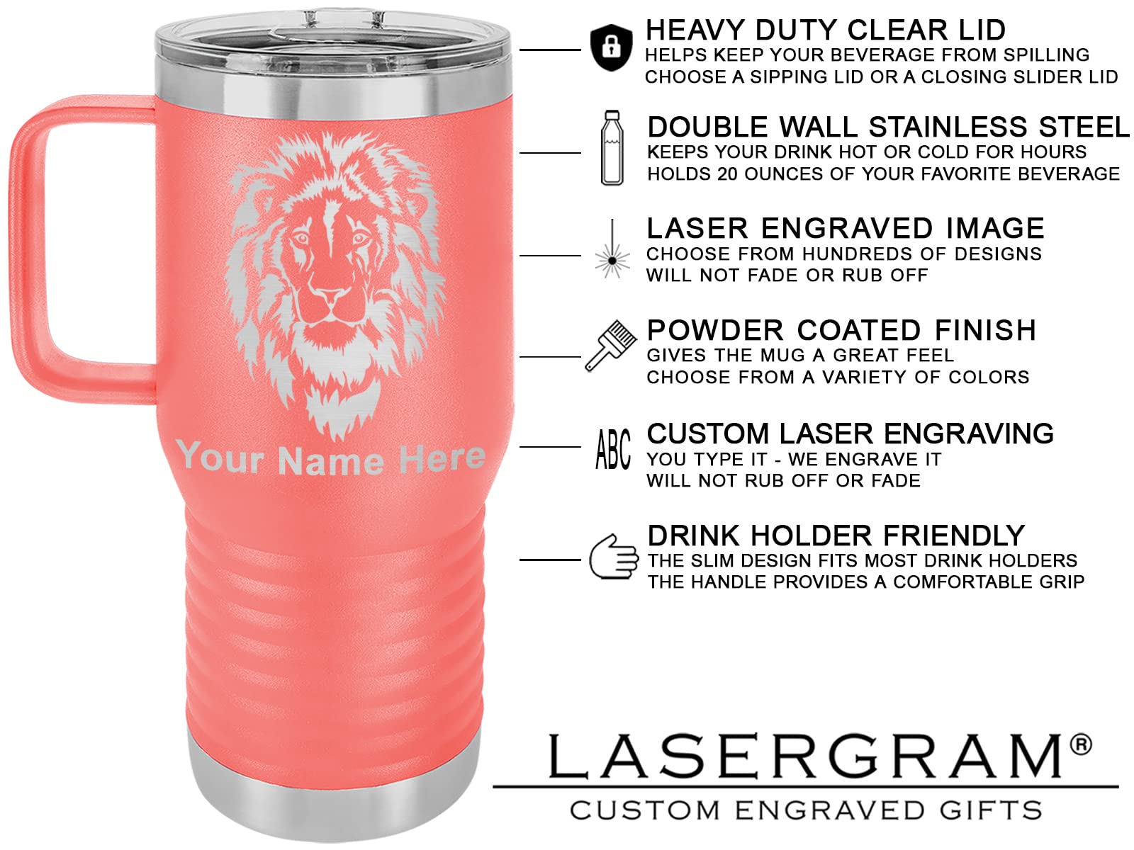 LaserGram 20oz Vacuum Insulated Travel Mug with Handle, Bible Verse John 14-6, Personalized Engraving Included (Coral)