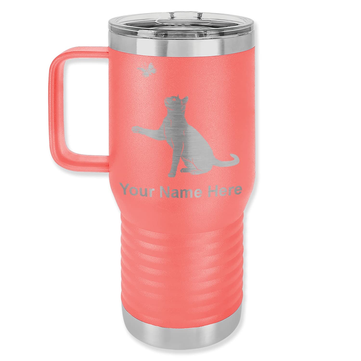 LaserGram 20oz Vacuum Insulated Travel Mug with Handle, Cat with Butterfly, Personalized Engraving Included (Coral)