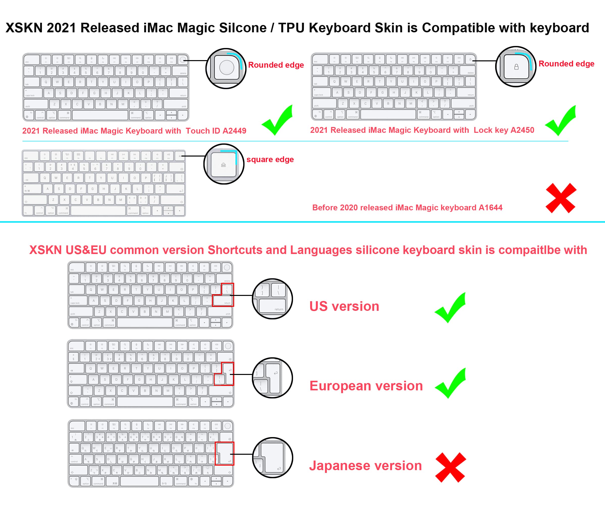 XSKN Shortcut and Language seriers Silicone Keyboard Cover Skin for 2021 New M1 Chip iMac Magic with Touch ID A2449 Lock Key A2450 Without Numeric keypad (US&EU Version Premiere Pro) K-382