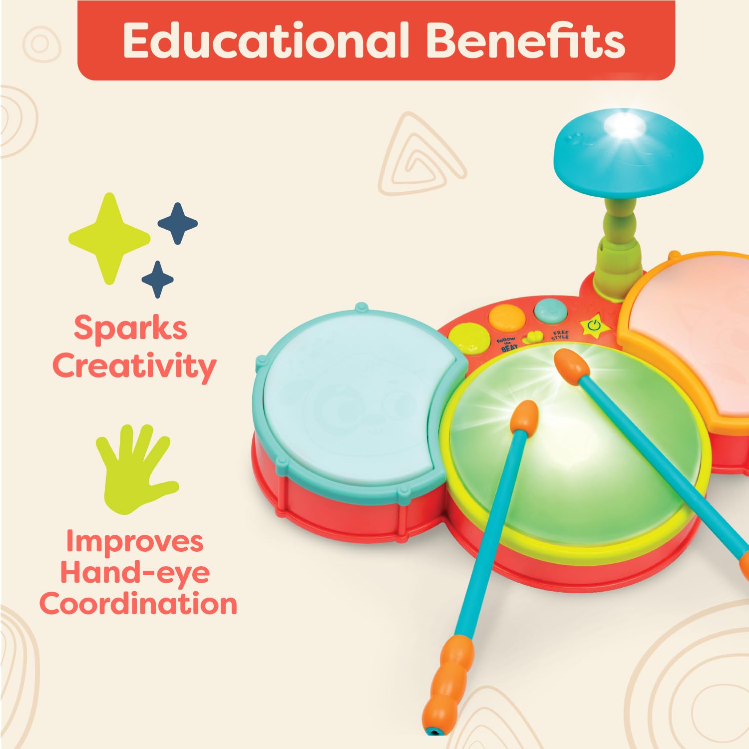 B. toys- Little Beats Kids Drum Set - Musical Instrument – Instruments for Toddlers – Music & Lights – 2 Years +