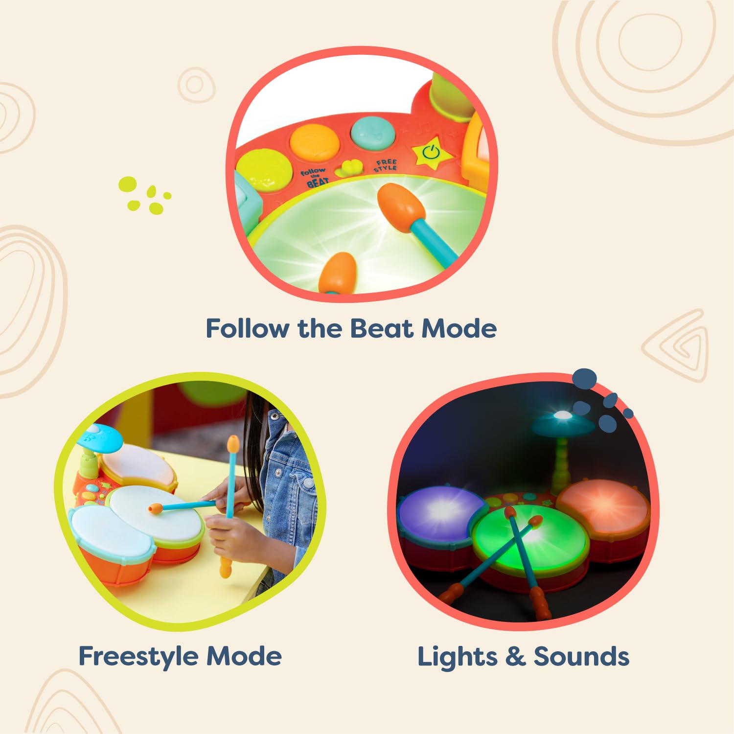 B. toys- Little Beats Kids Drum Set - Musical Instrument – Instruments for Toddlers – Music & Lights – 2 Years +